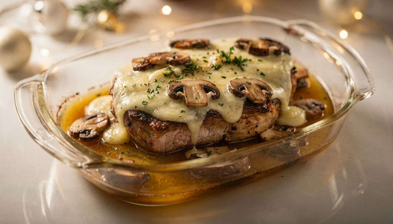 Receita de Ano Novo: Costeletas de porco com cogumelos e queijo derretido